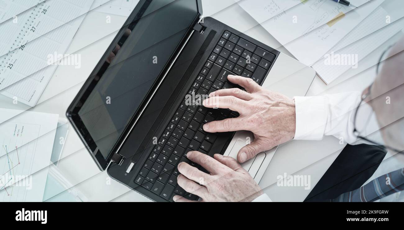 Top view of businessman typing on laptop keyboard, geometric pattern ...
