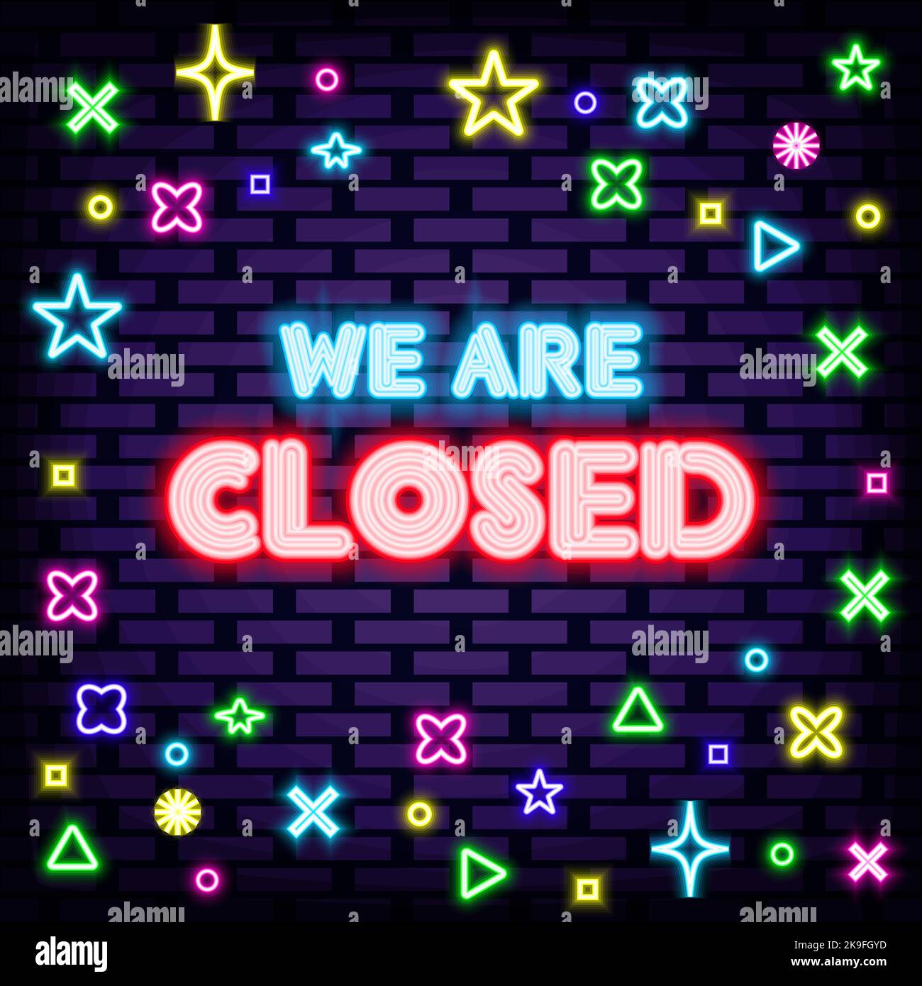 We are closed Neon sign. Bright signboard. Announcement neon signboard ...