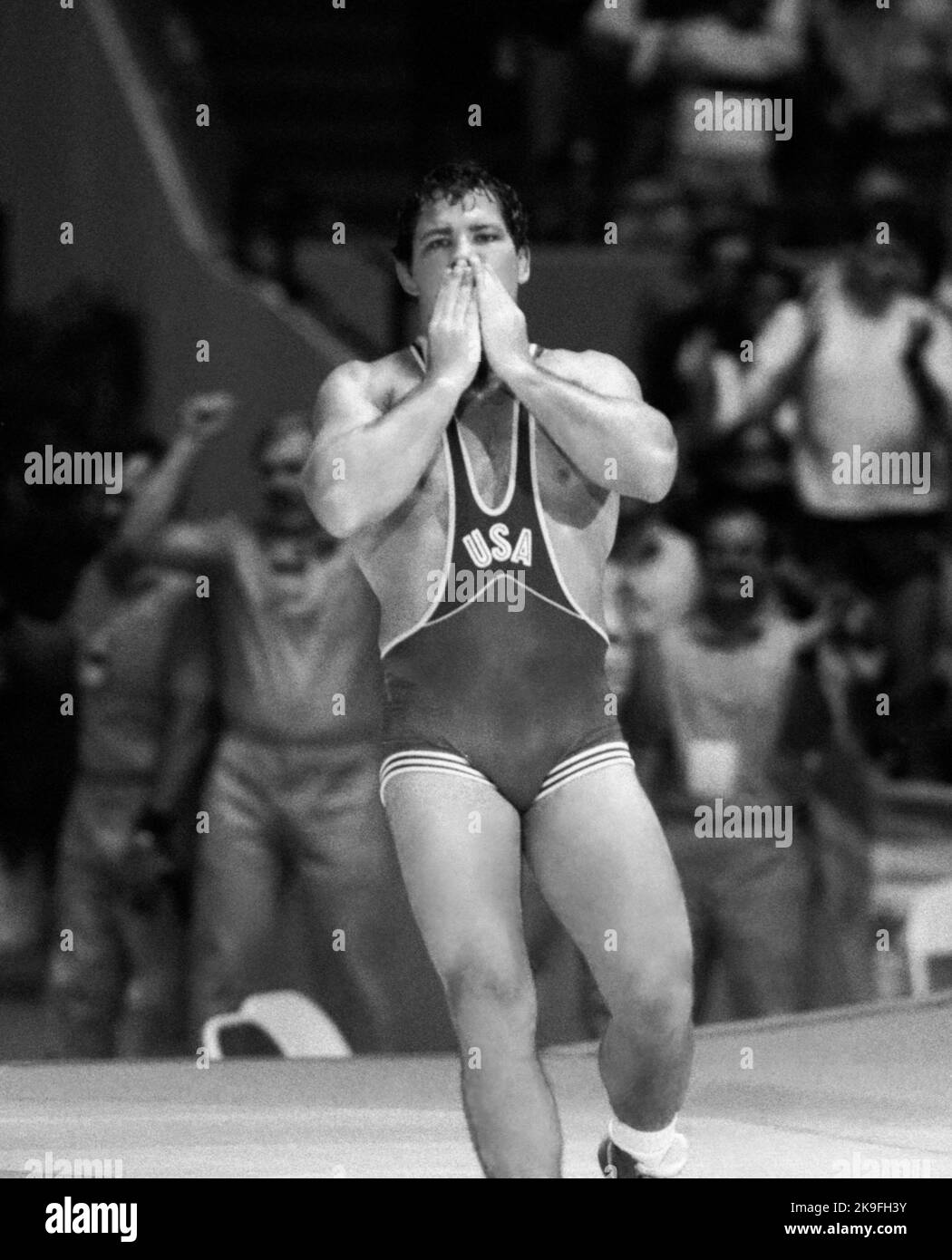 OLYMPIC SUMMER GAMES IN LOS ANGELES USA 1984 STEVE FRASER USA wrestling as winner in light ...
