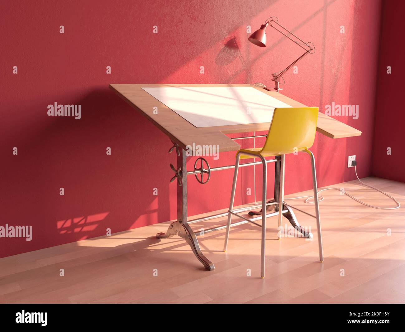 A vintage draftsmans desk workstation with a classic desk lamp and a ...