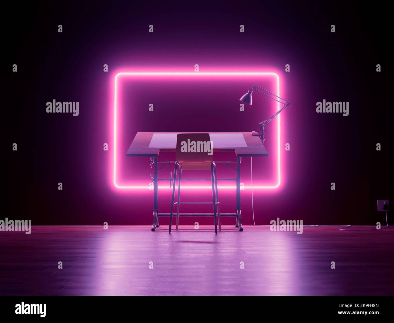 A vintage draftsmans desk workstation in the dark framed by an ...