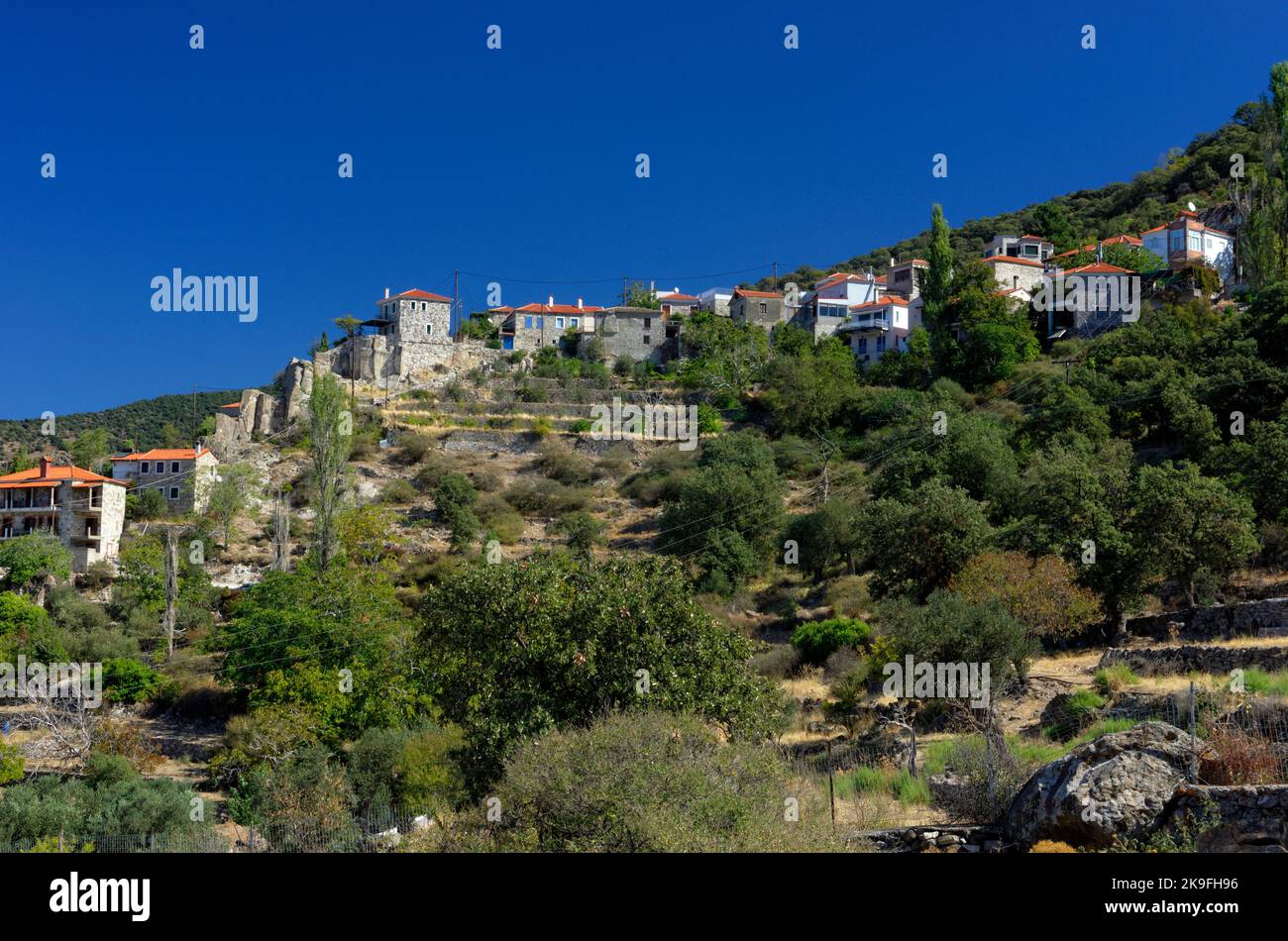 The mountain village of Petri, North Lesbos, Northern Aegean Islands ...