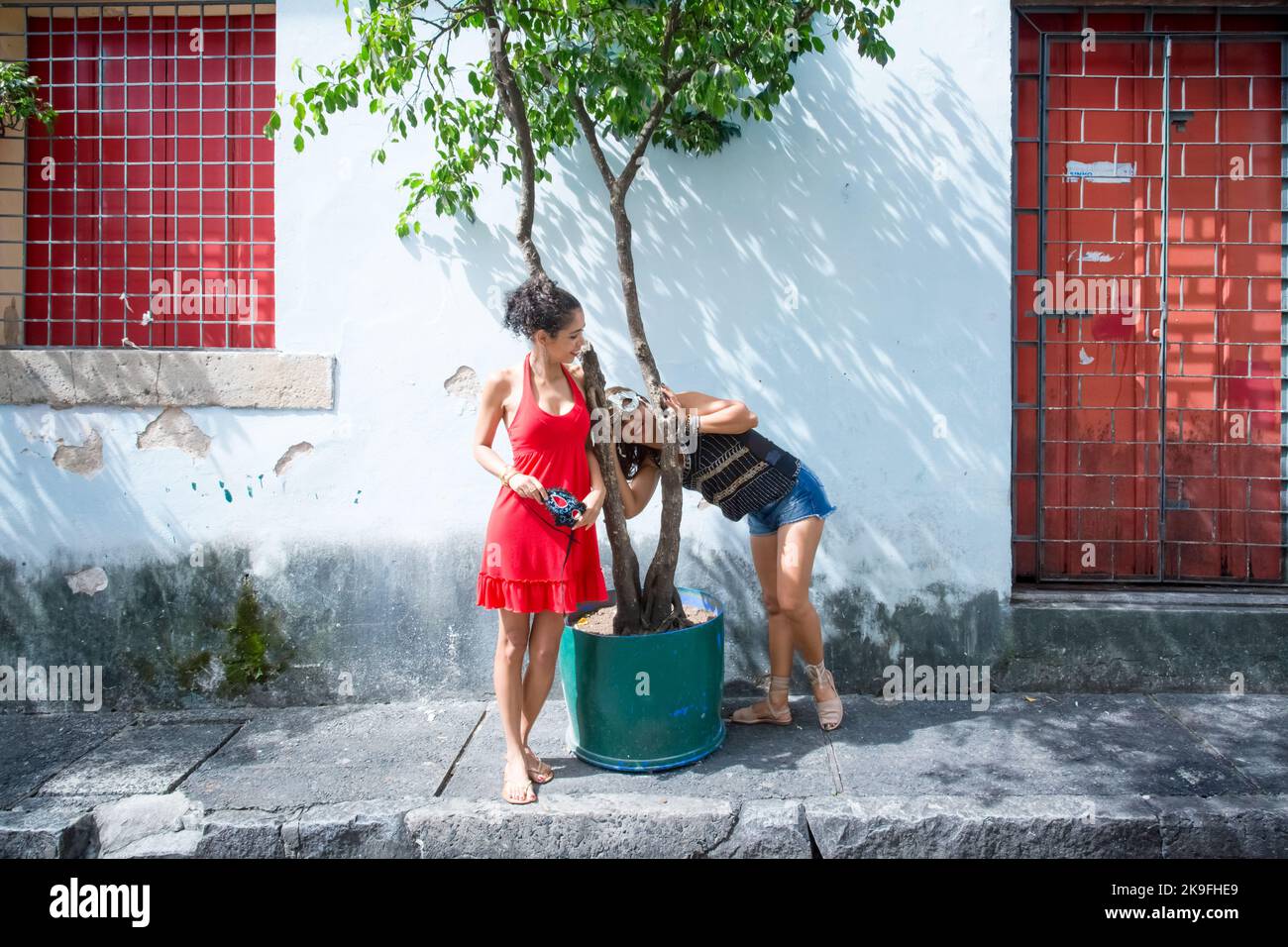 Portrait of two girls between a tree branch against a light blue wall ...