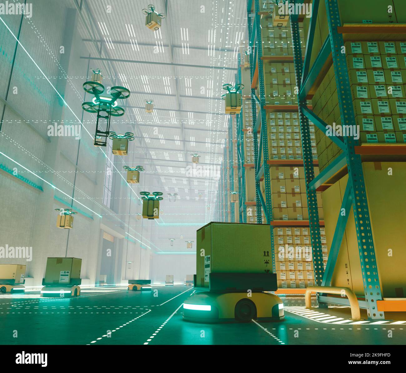 A concept of a futuristic logistic warehouse storage facility with automated flying and driving ...