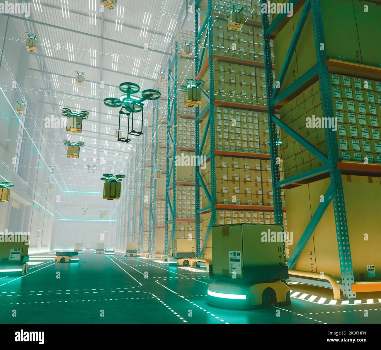 A concept of a futuristic logistic warehouse storage facility with automated flying and driving ...