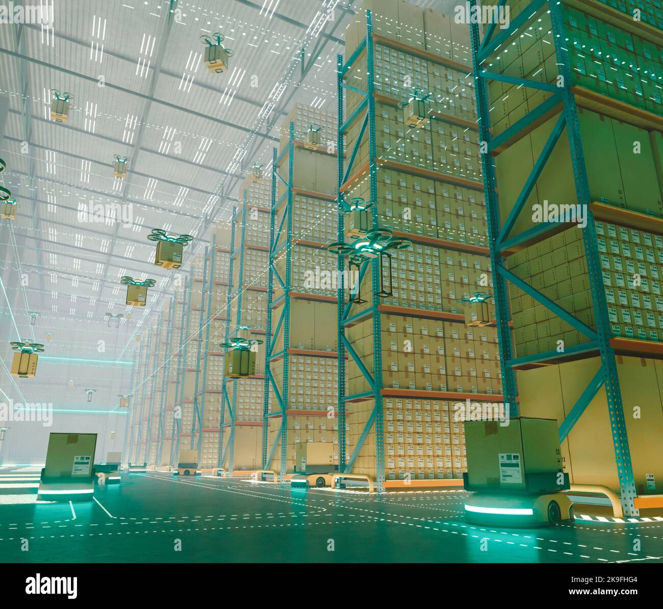 A concept of a futuristic logistic warehouse storage facility with automated flying and driving ...