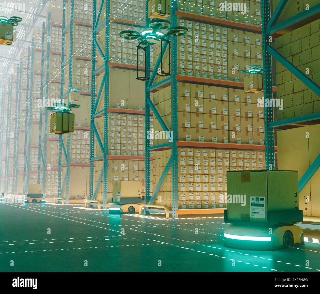 A concept of a futuristic logistic warehouse storage facility with automated flying and driving ...