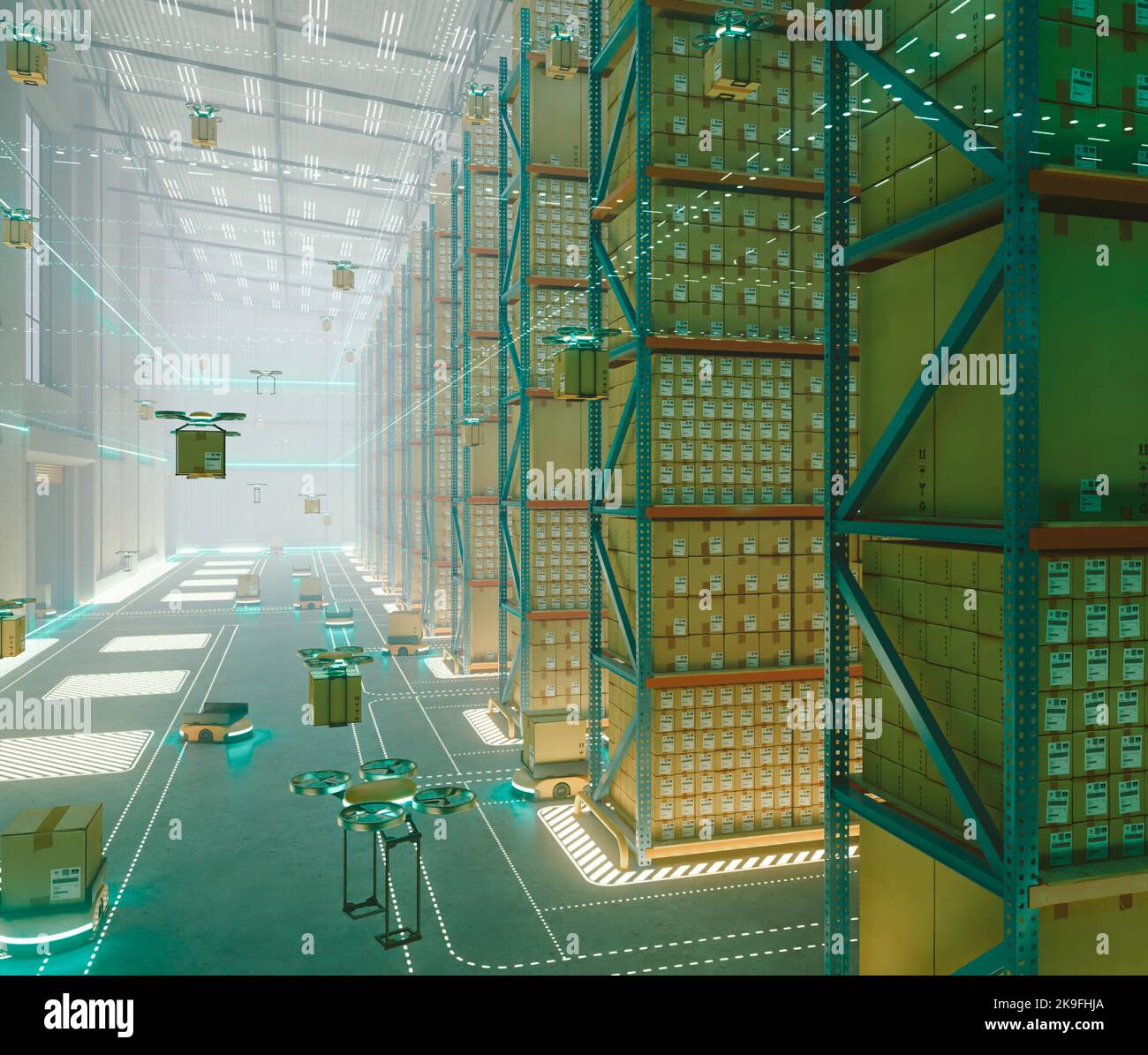 A concept of a futuristic logistic warehouse storage facility with automated flying and driving ...
