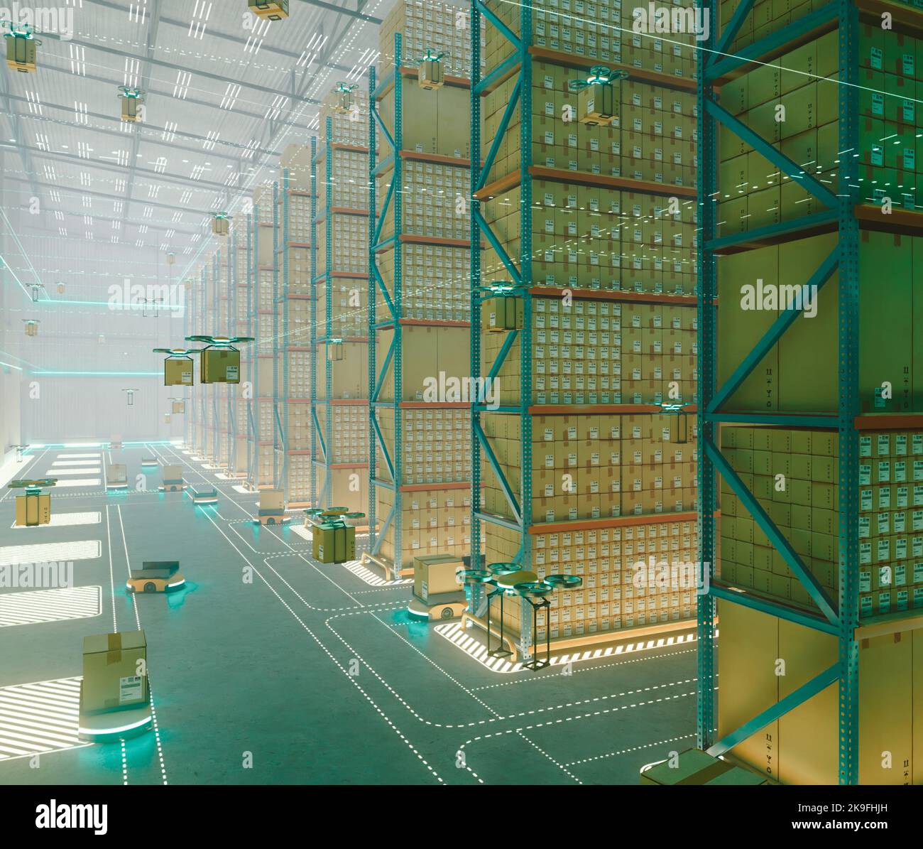 A concept of a futuristic logistic warehouse storage facility with automated flying and driving ...