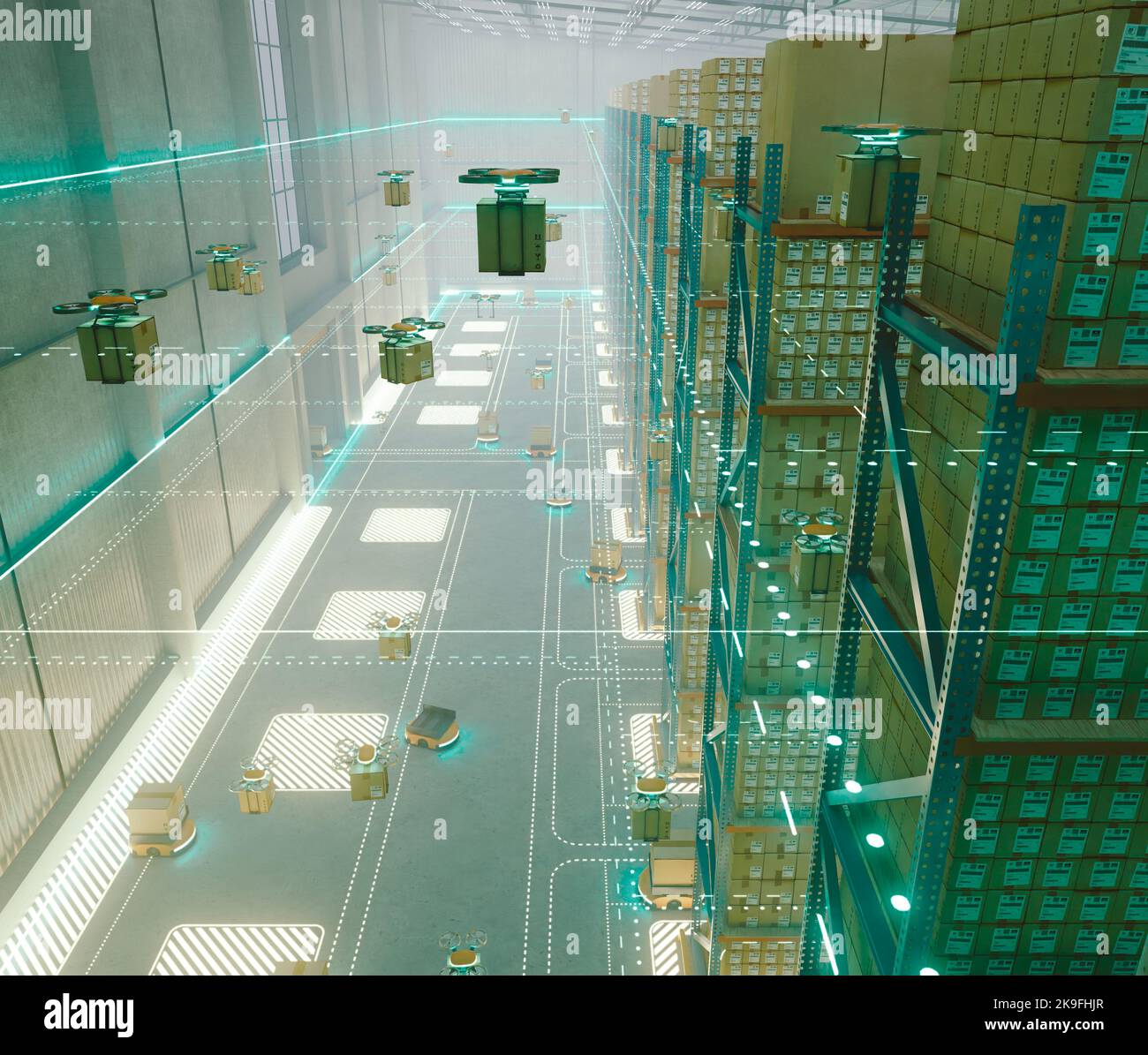 A concept of a futuristic logistic warehouse storage facility with automated flying and driving ...