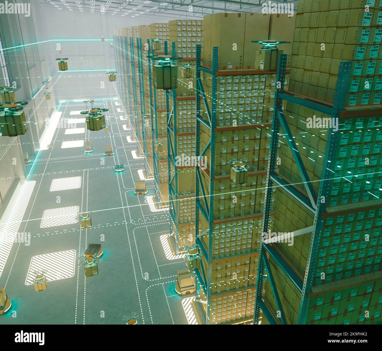 A concept of a futuristic logistic warehouse storage facility with automated flying and driving ...