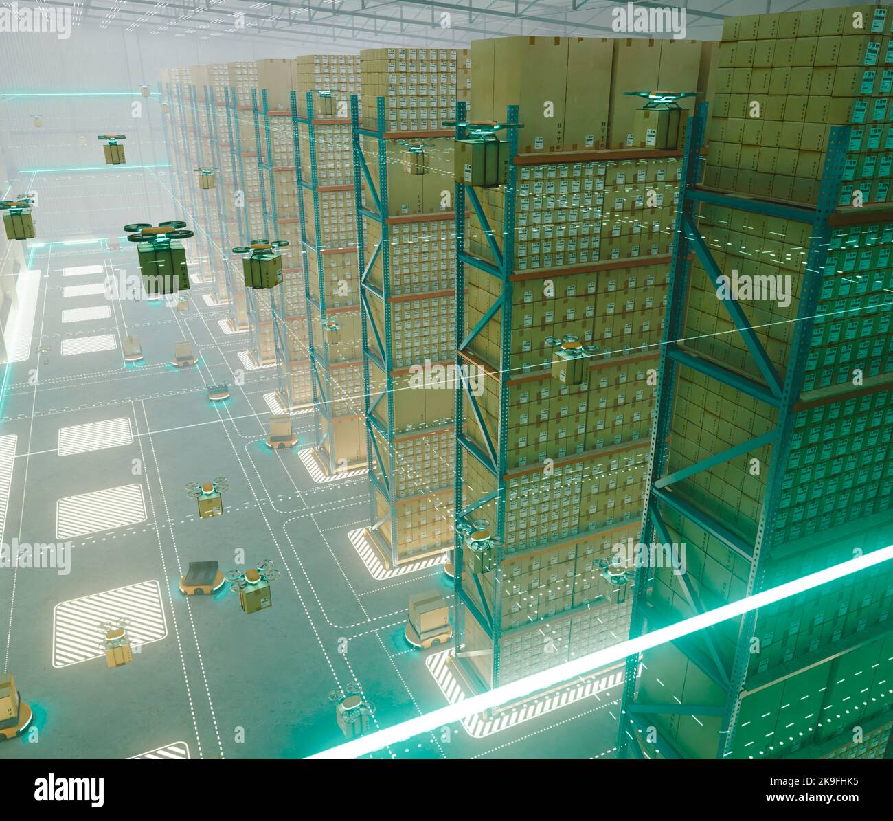 A concept of a futuristic logistic warehouse storage facility with automated flying and driving ...