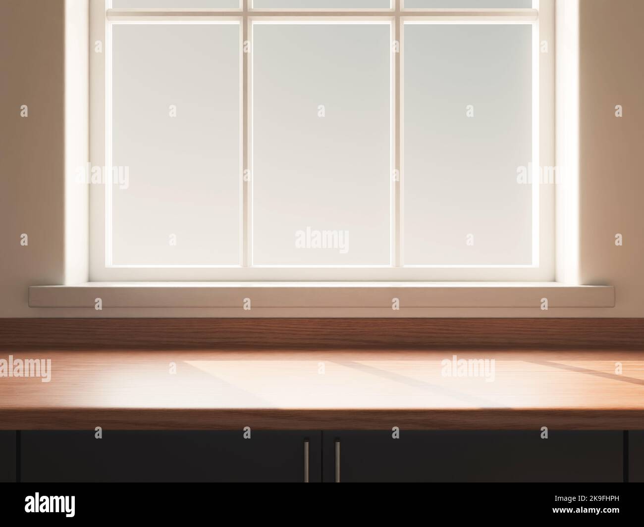 A closeup view of an empty wooden kitchen countertop facing a sinled ...