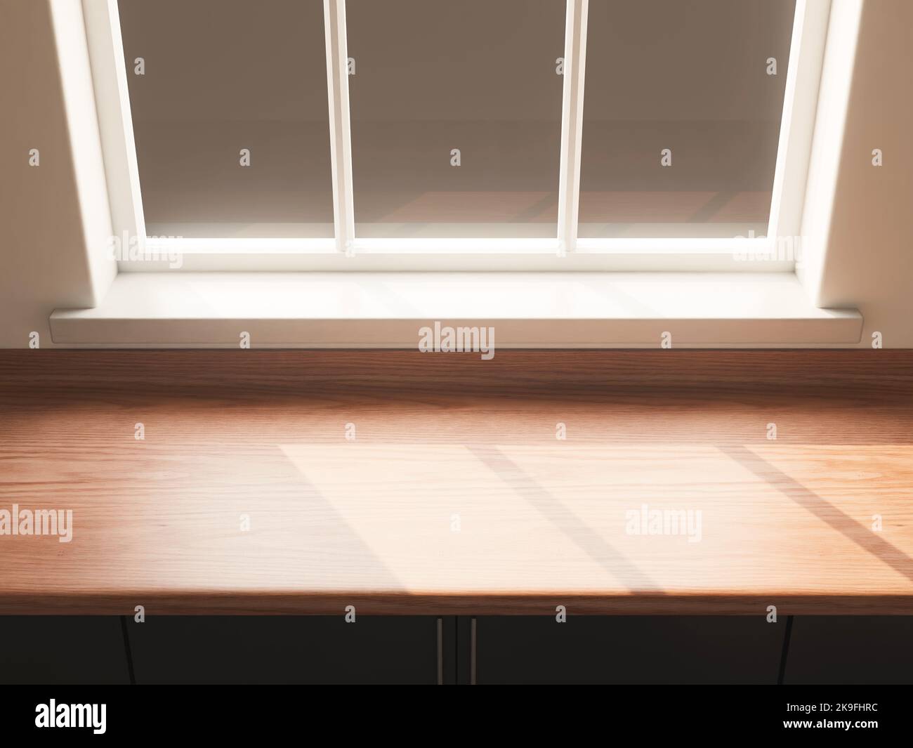 A closeup view of an empty wooden kitchen countertop facing a sinled ...