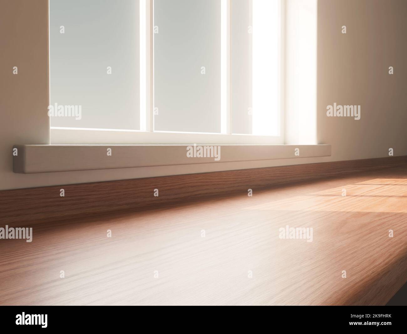 A closeup view of an empty wooden kitchen countertop facing a sinled ...