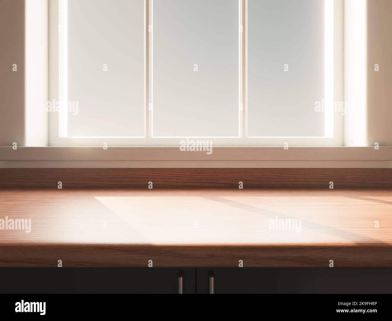 A closeup view of an empty wooden kitchen countertop facing a sinled ...