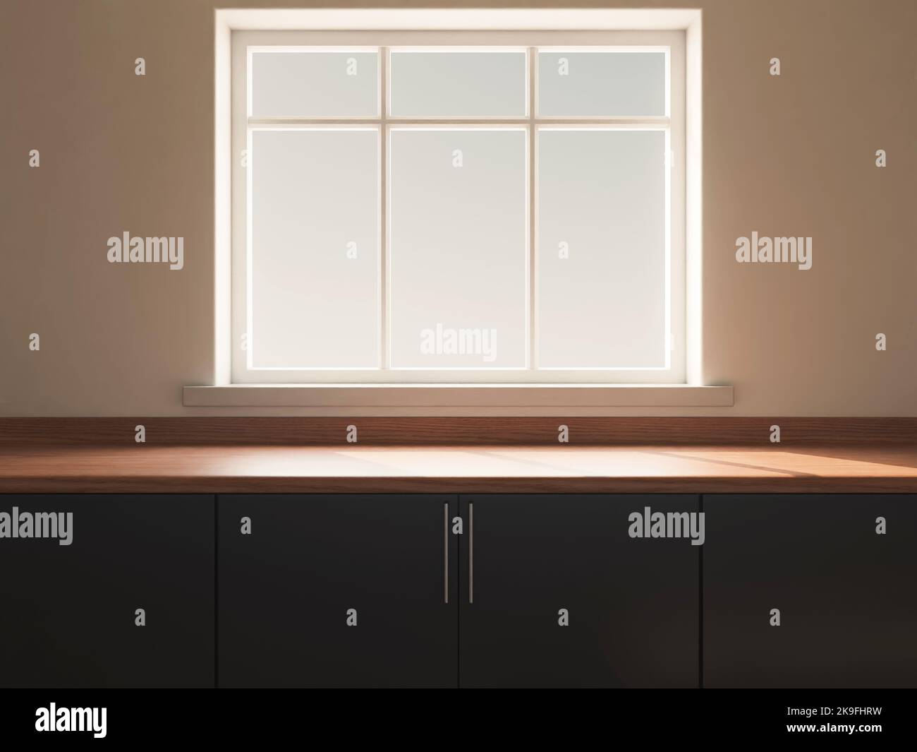 A closeup view of an empty wooden kitchen countertop facing a sinled ...