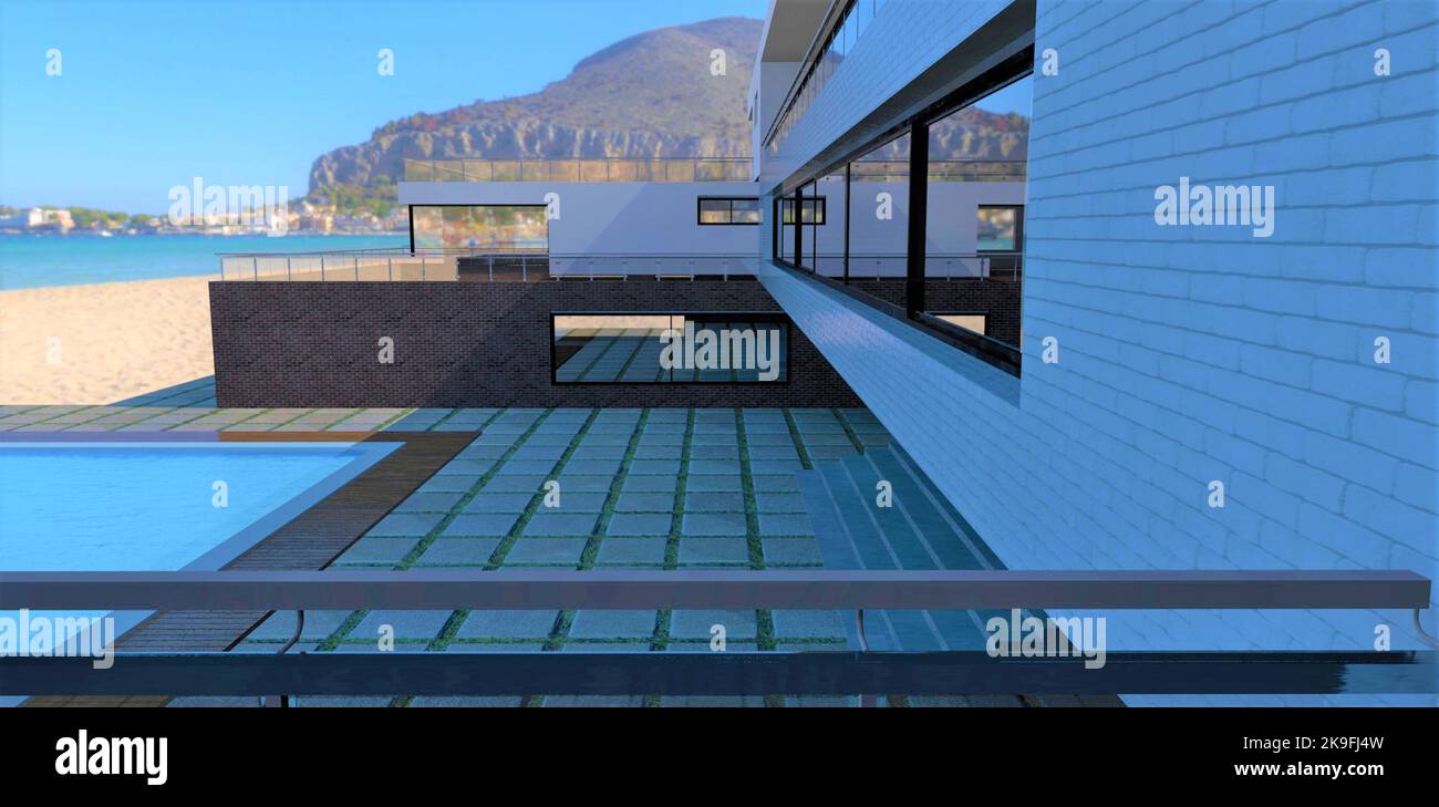 Luxurious villa with a swimming pool on the shores of the ocean bay ...