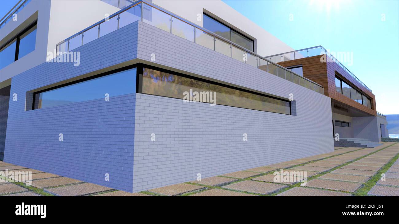 A long narrow corner window in a white brick wall. Above the glass ...