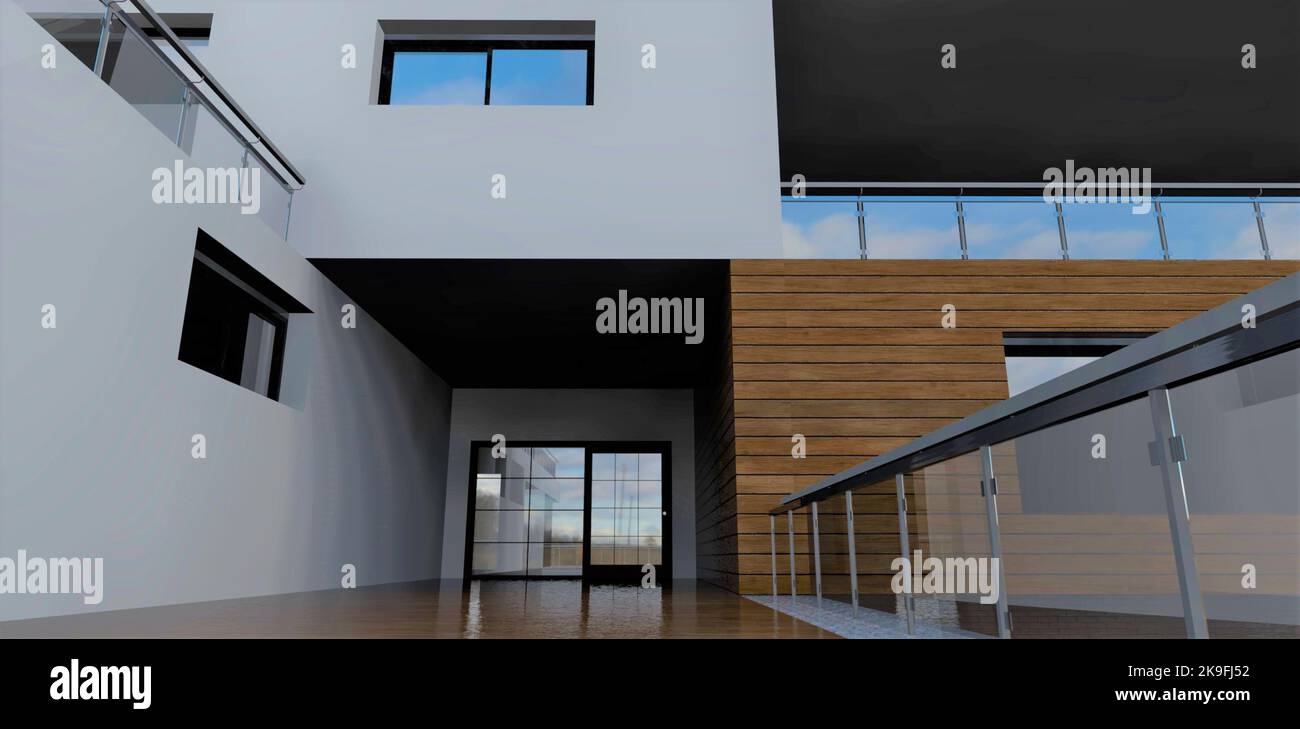 Exit to the terrace. Door with glass inserts. Tempered glass railing ...