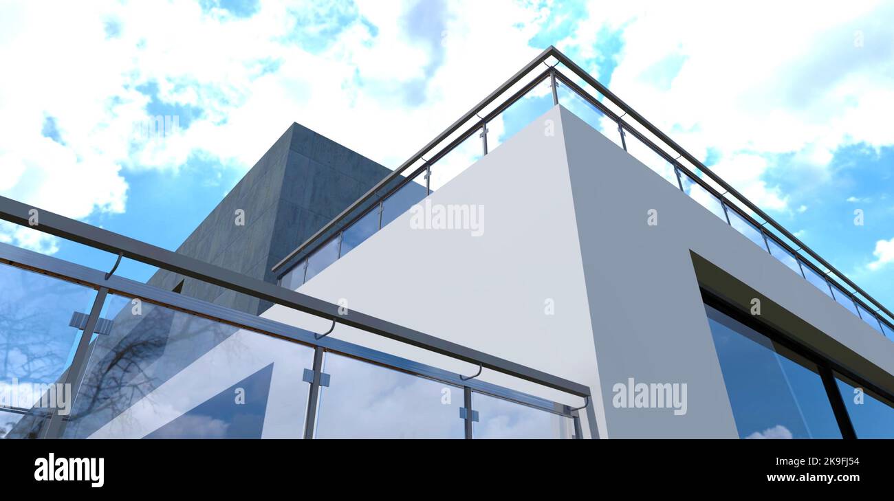 A view from below of an advanced building in a minimalist style ...