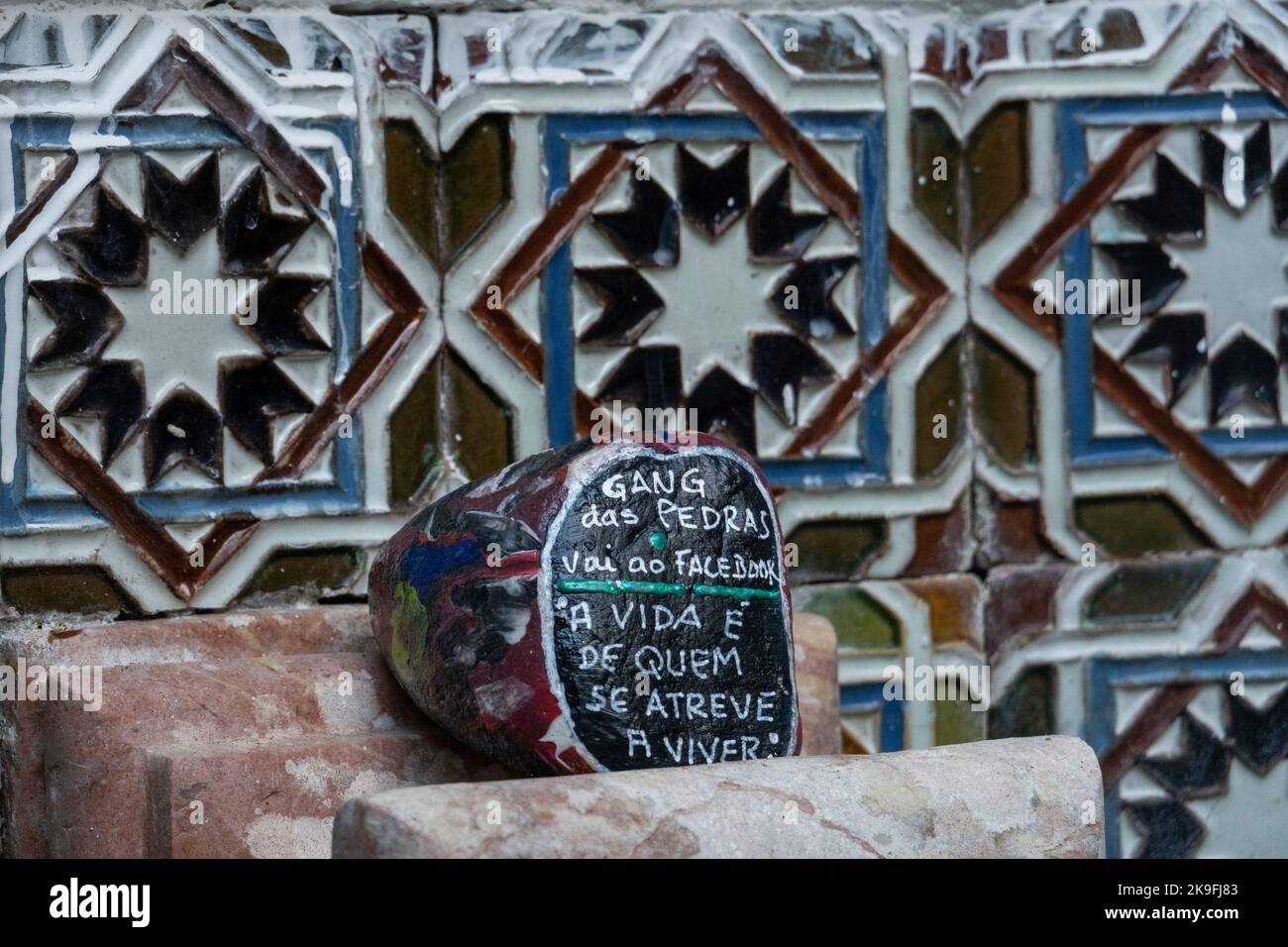 Beautiful romantic azulejo artwork with colorful stone with letters ...