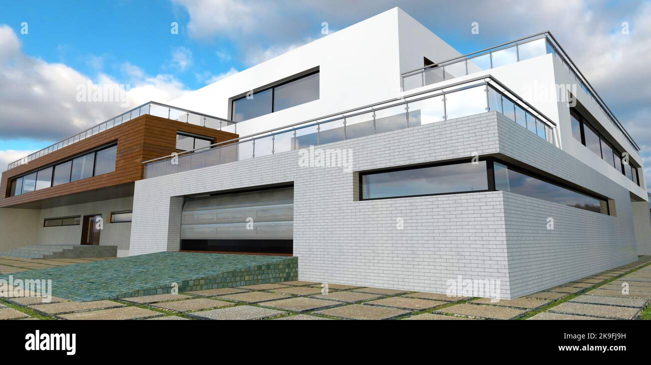 Entrance to the garage with aluminum lifting automatic gates. corner ...