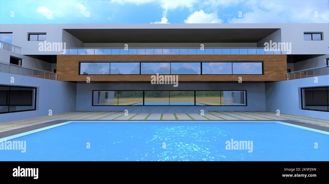 An exclusive hotel project with a large swimming pool in the yard. Clear blue water. Terrace ...