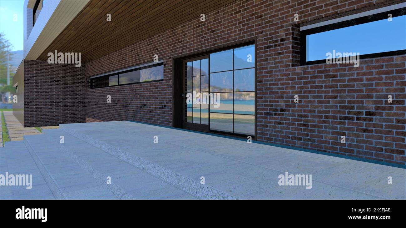 The front entrance to an immaculate building. Reflective swing doors ...