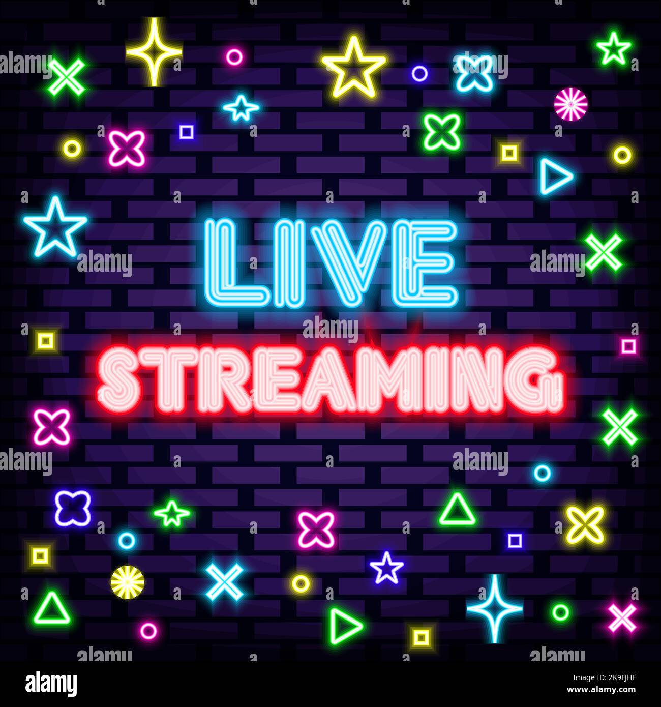 Live Streaming Neon signboards. On brick wall background. Announcement ...