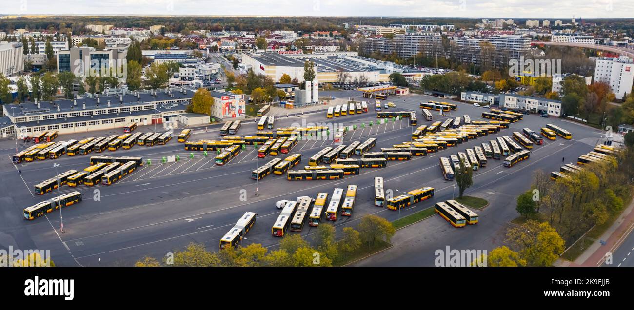 Cityscape panorama. Bird's eye perspective over half-filled bus ...