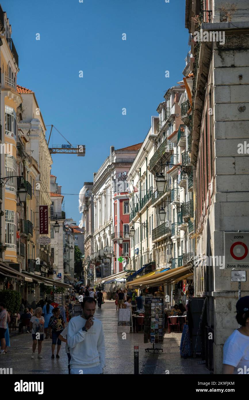 LISBON, PORTUGAL - 28th JUNE 2022: Typical architecture of the capital Lisbon city streets and ...
