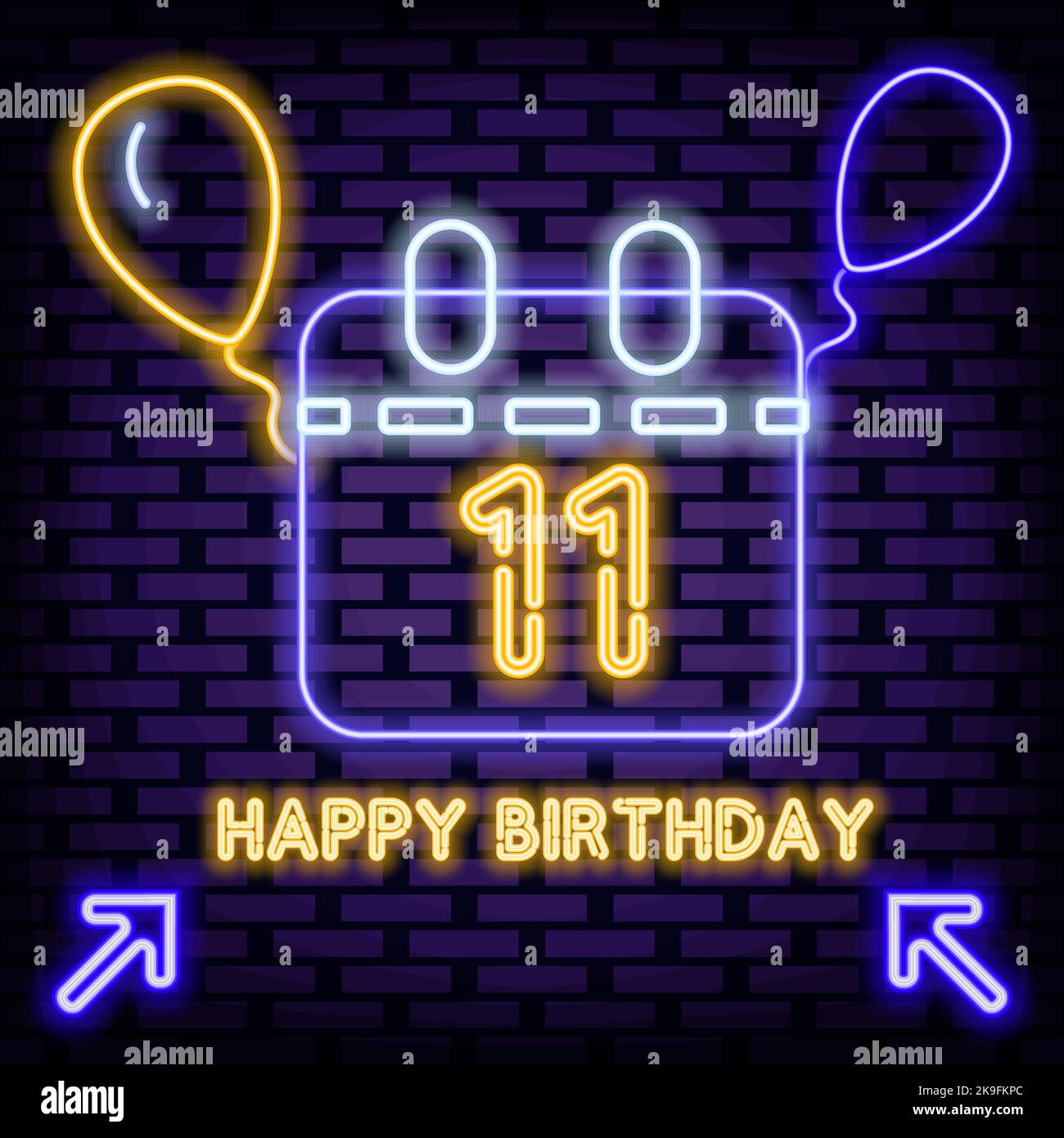11 Year old Happy Birthday 11th Neon sign. Glowing with colorful neon ...
