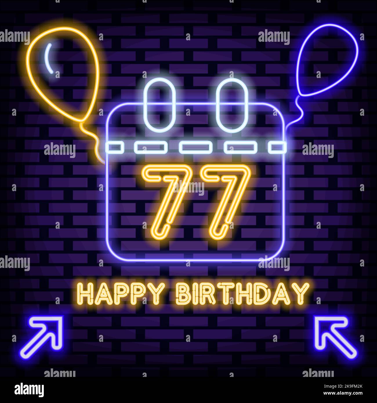 77th Happy Birthday 77 Year old Neon signboards. On brick wall ...