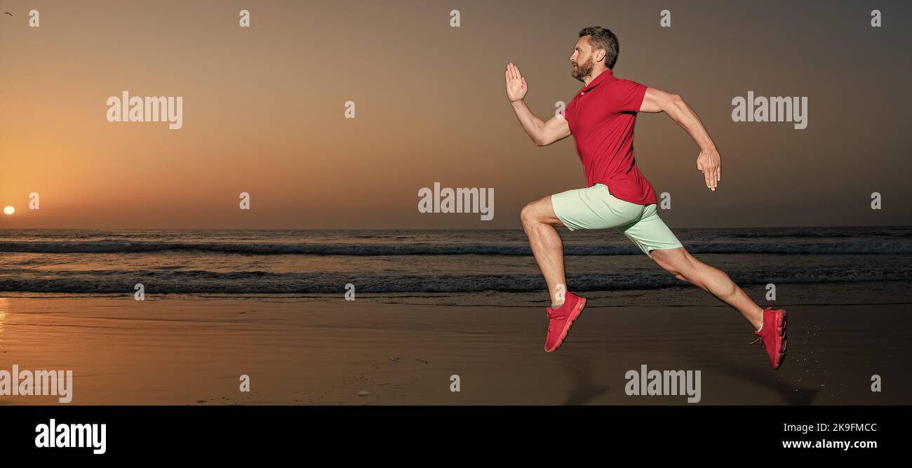 Man running and jumping, banner with copy space. energetic summer ...