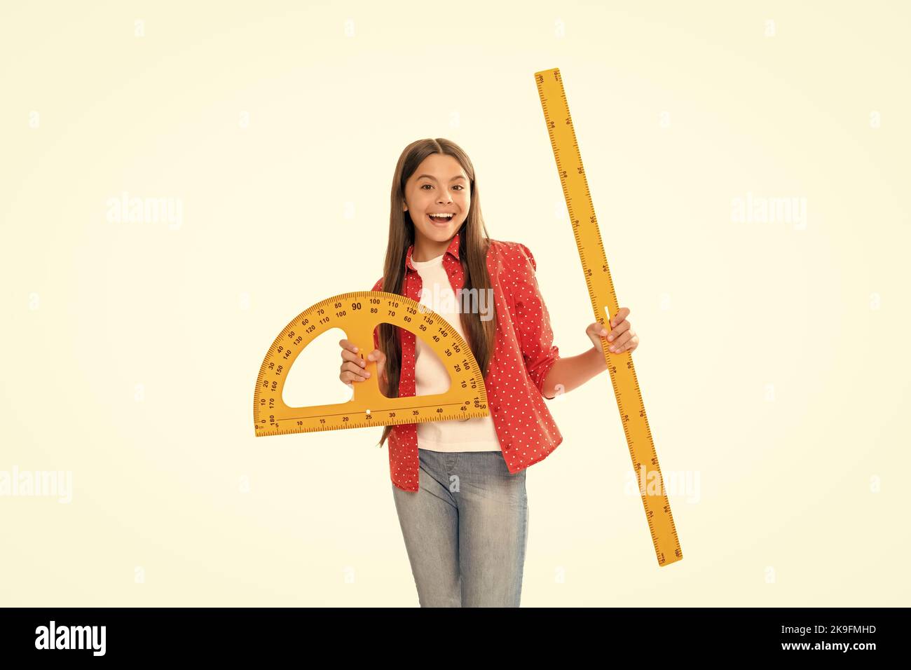 happy kid hold protractor ruler study geometry at school isolated on white, school Stock Photo ...