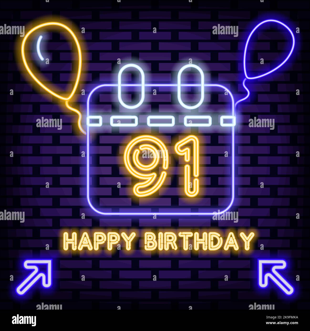 91th Happy Birthday 91 Year old Neon sign. Neon script. Night bright ...