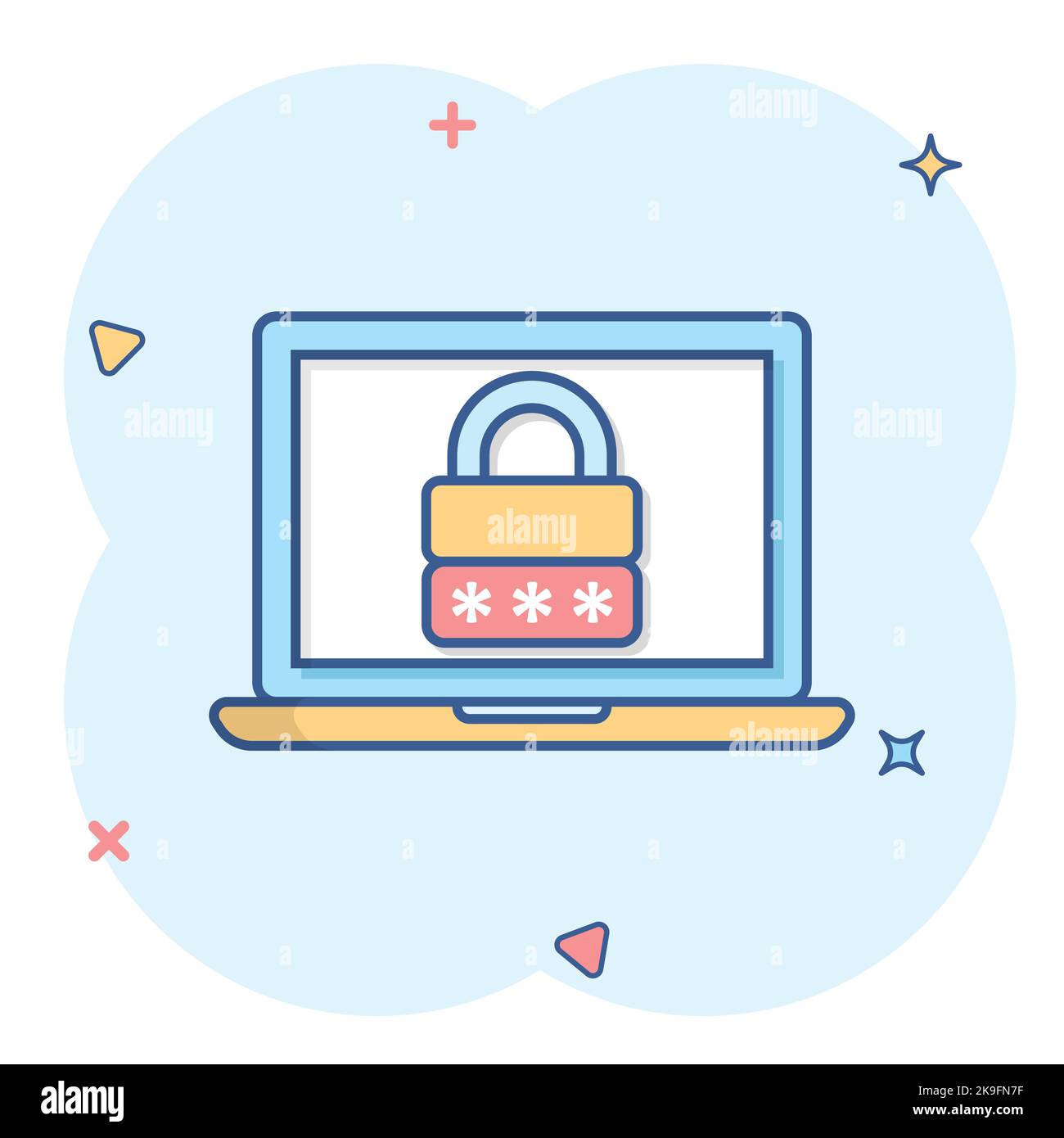 Laptop with password icon in comic style. Computer access cartoon ...