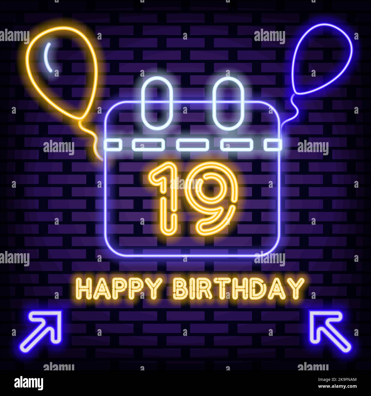 19th Happy Birthday 19 Year old Neon quote. Glowing with colorful neon ...