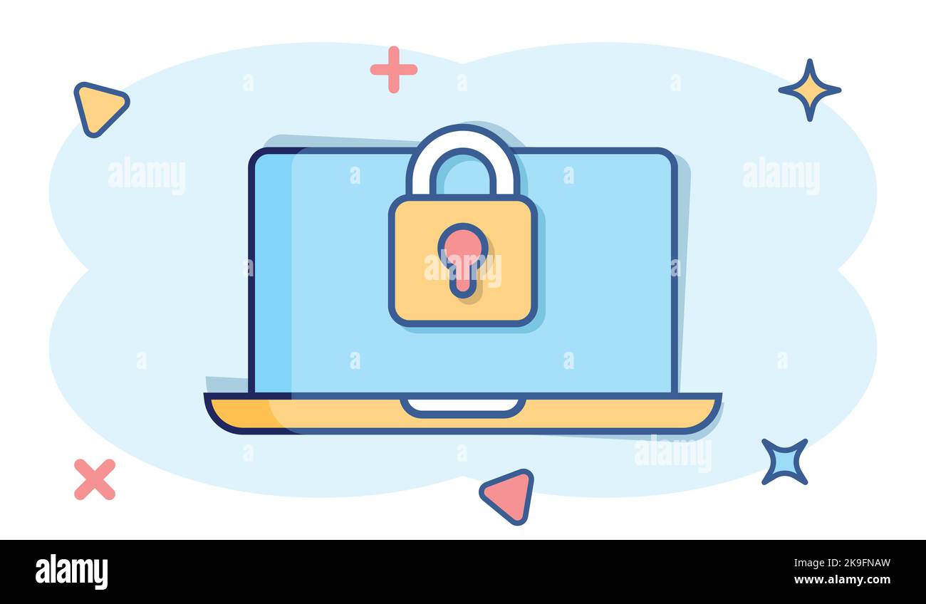 Locker computer icon in comic style. Padlock laptop cartoon vector ...