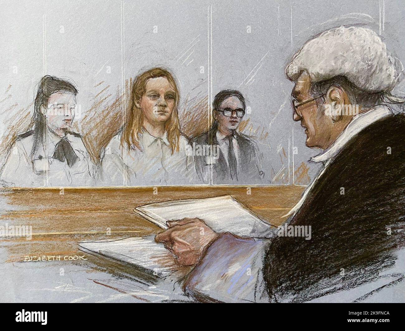 Court artist drawing by Elizabeth Cook of Jemma Mitchell, at the Old ...