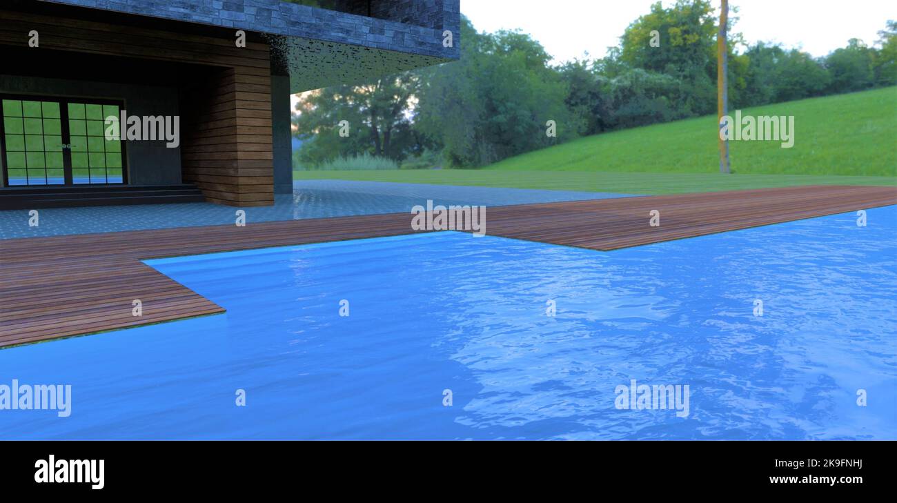 The stairs to the pool are visible through the blue transparent water ...