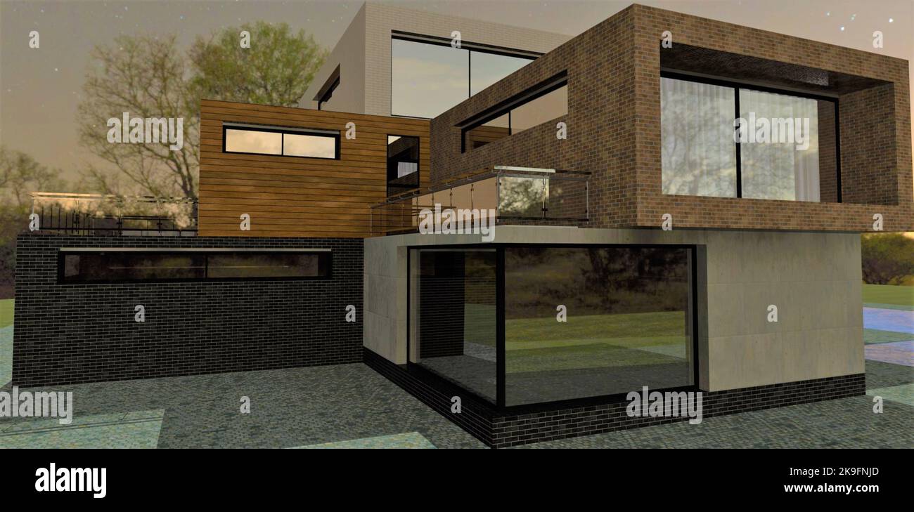 Night scene of a minimalist house. Rectangular shapes, lots of ...