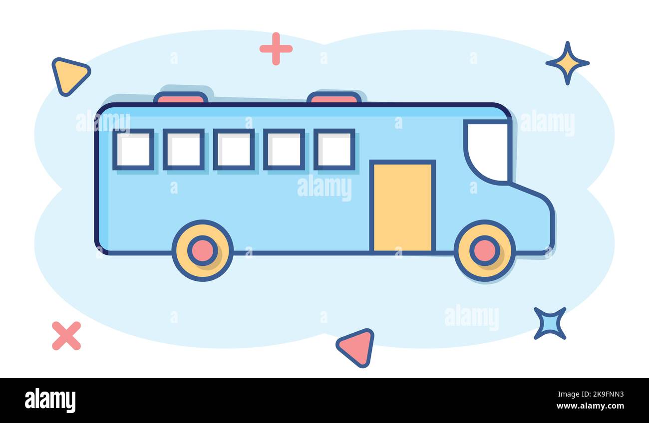 Bus icon in comic style. Coach cartoon vector illustration on white ...