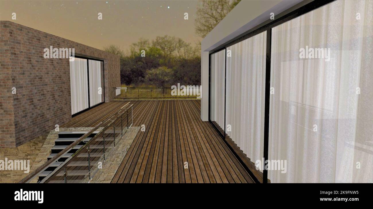 A wonderful evening on the terrace of a modern advanced house. Lights ...