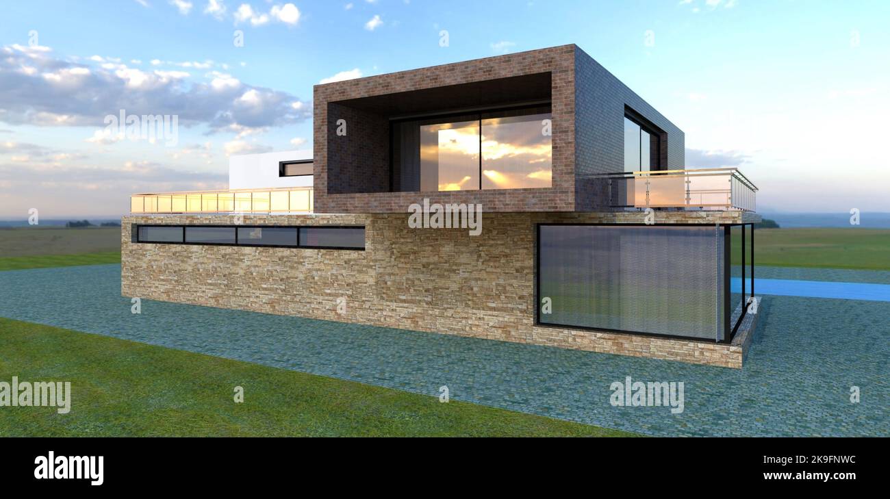 Minimalistic architecture. Advanced country house. Rectangular shapes ...