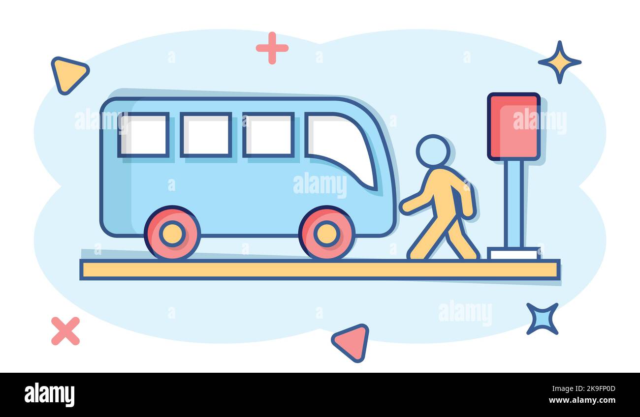Bus station icon in comic style. Auto stop cartoon vector illustration ...