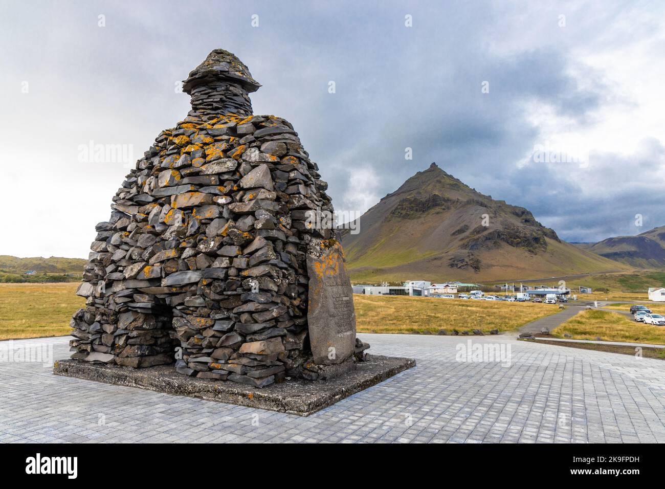 Statue of Bardur at Anarstapi village, Iceland with Mt Snaefell at the ...