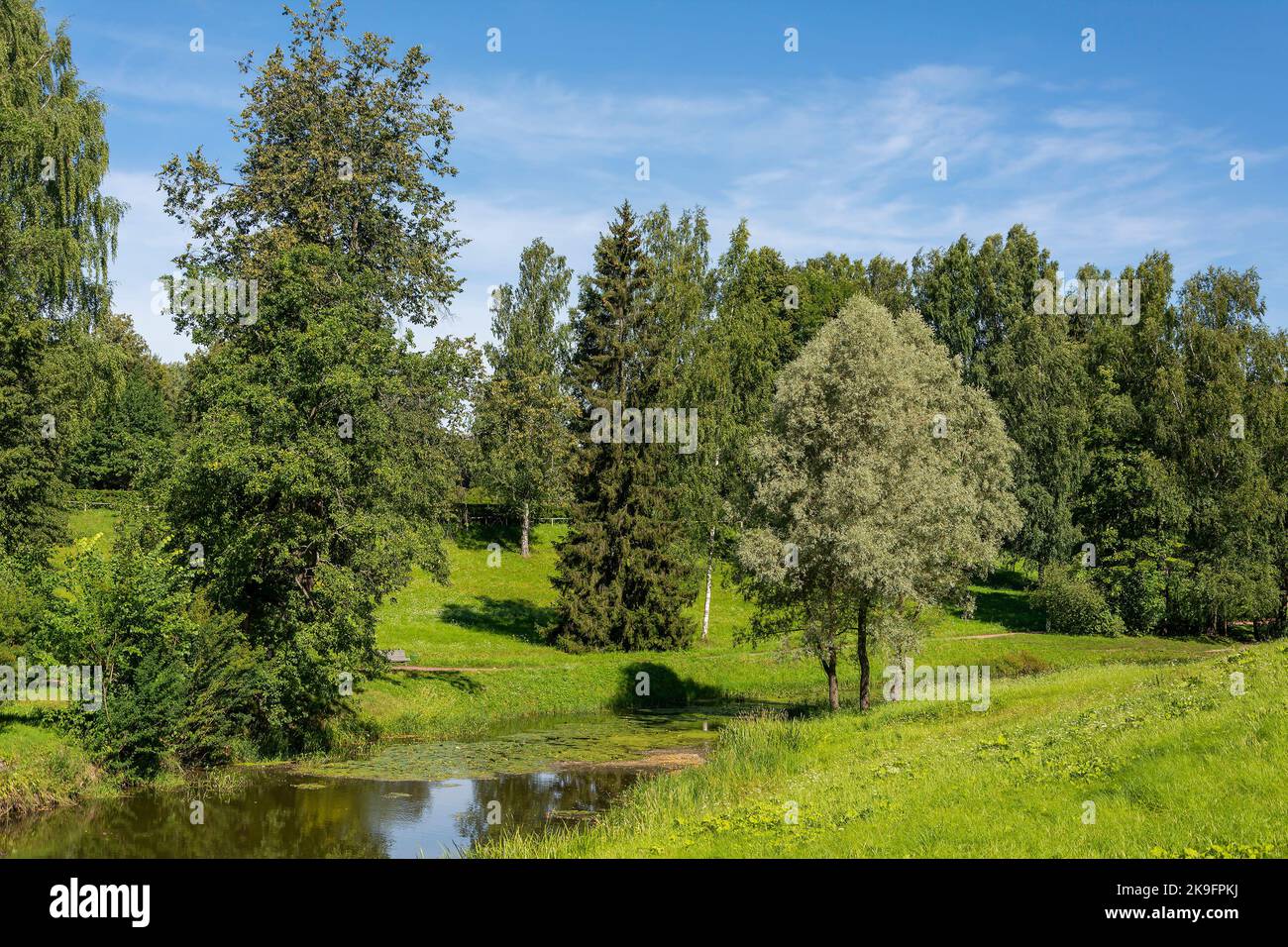 Landscape park in English style with a small forest river Stock Photo ...