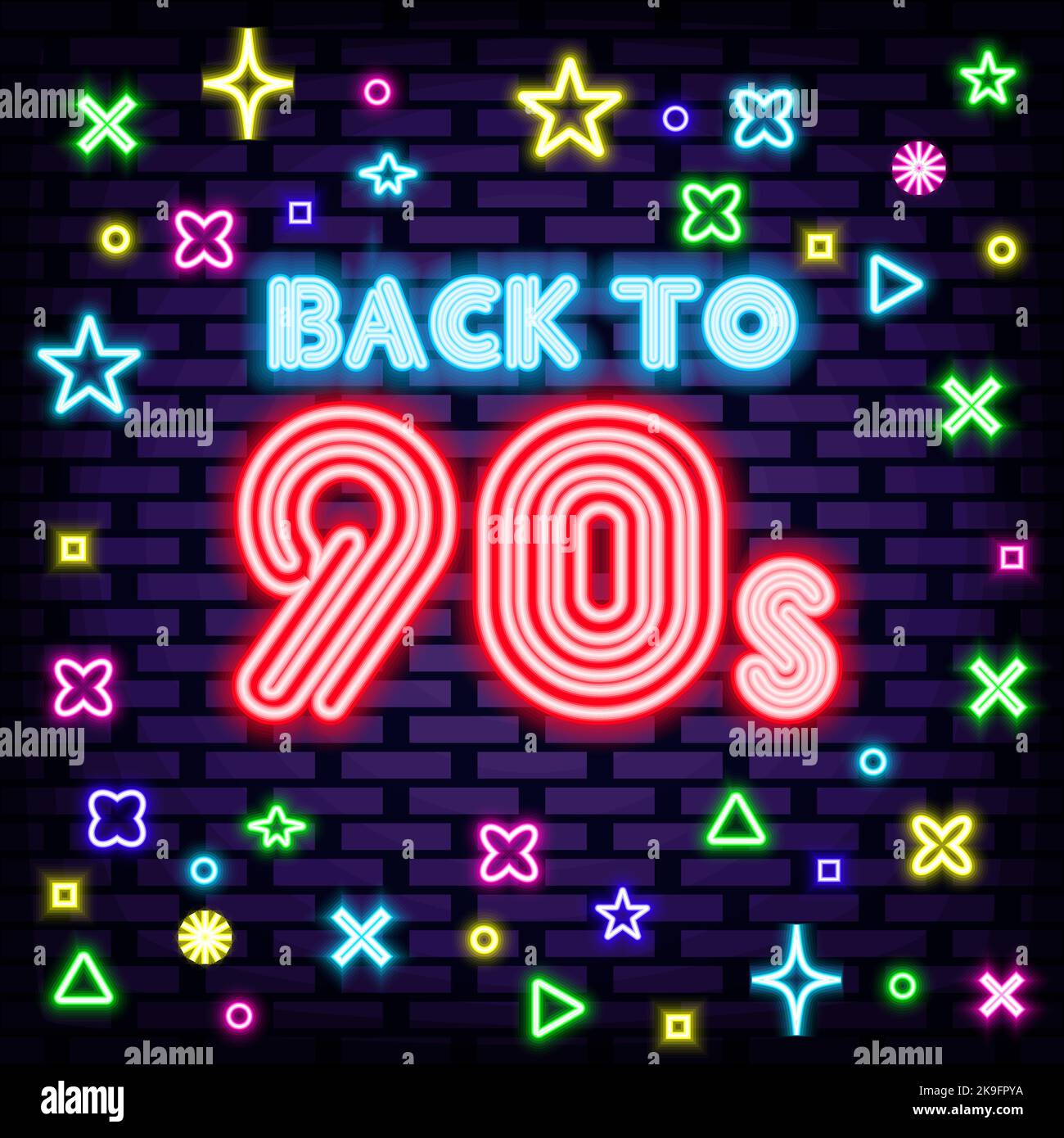 Back to 90s Neon sign. Bright signboard. Announcement neon signboard ...